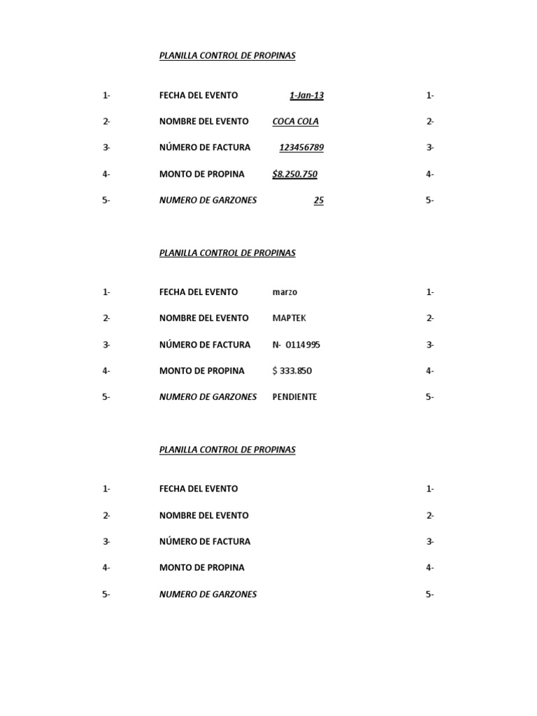 Planilla Control de Propinas Por Facturas | PDF