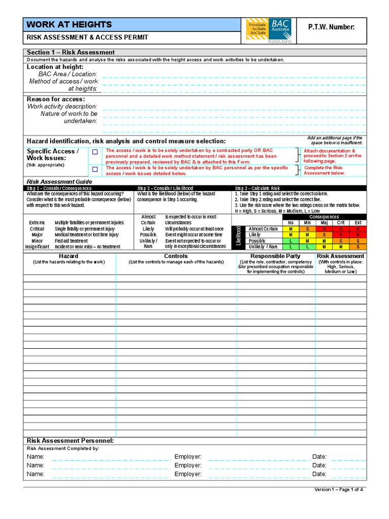 Work at Heights Risk Assessment and Permit | PDF | Scaffolding | Prevention