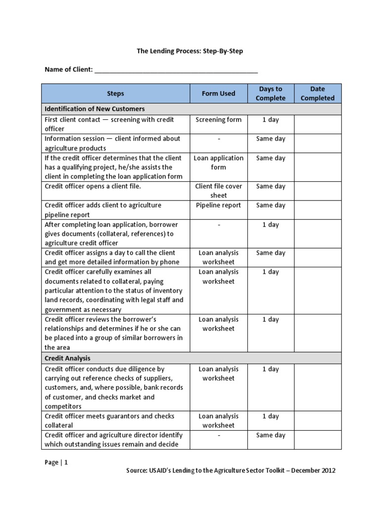 The Lending Process: Step-By-Step Name of Client: - Days To Complete ...