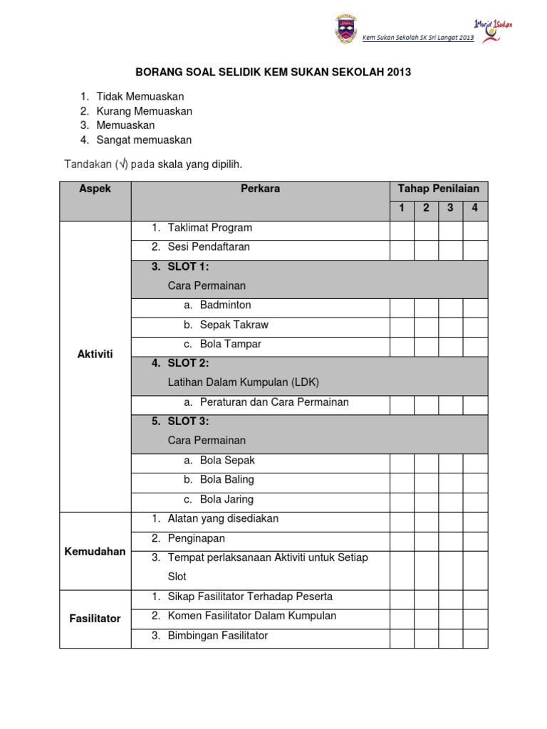 Borang Soal Selidik Kem Sukan Sekolah 2013 | PDF