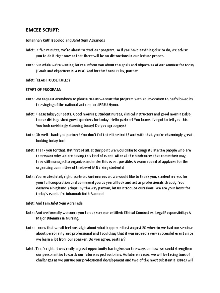 Emcee Script:: Johannah Ruth Bacolod and Jafet Sem Adraneda | PDF ...