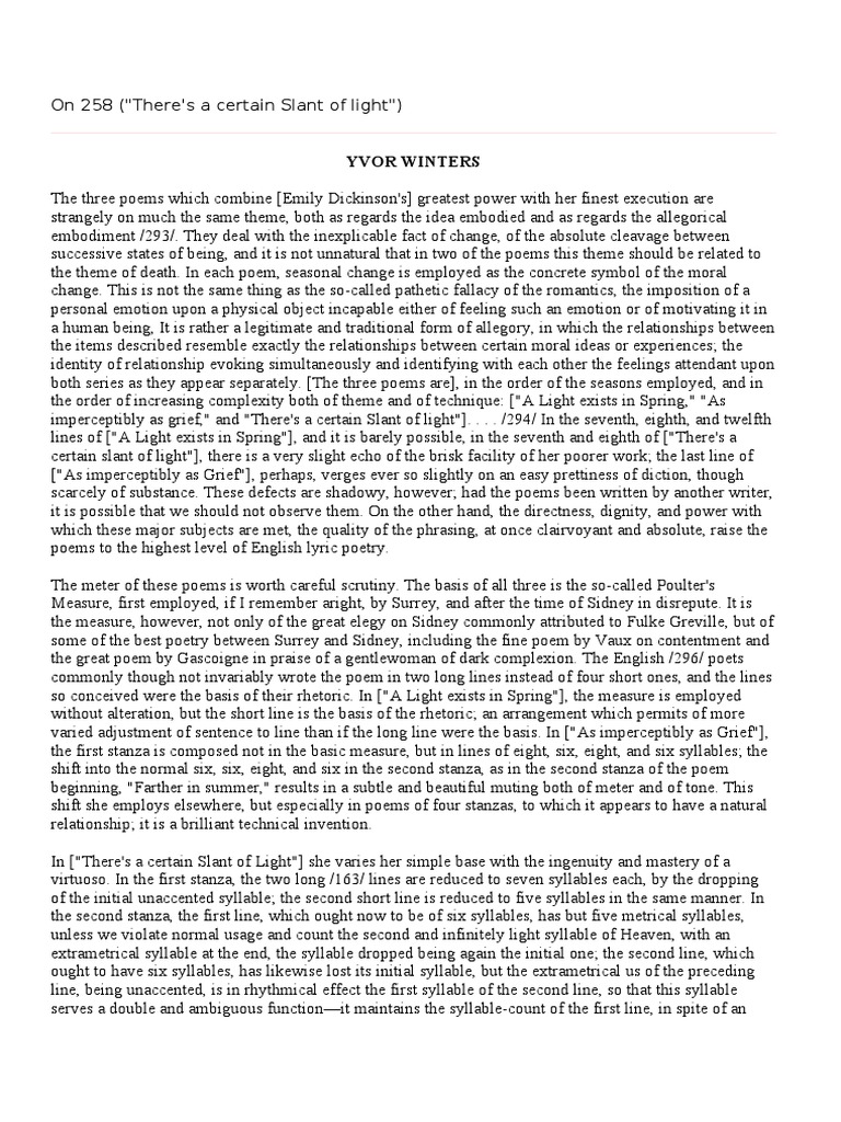 On There's A Certain Slant of Light | PDF | Emily Dickinson | Poetry