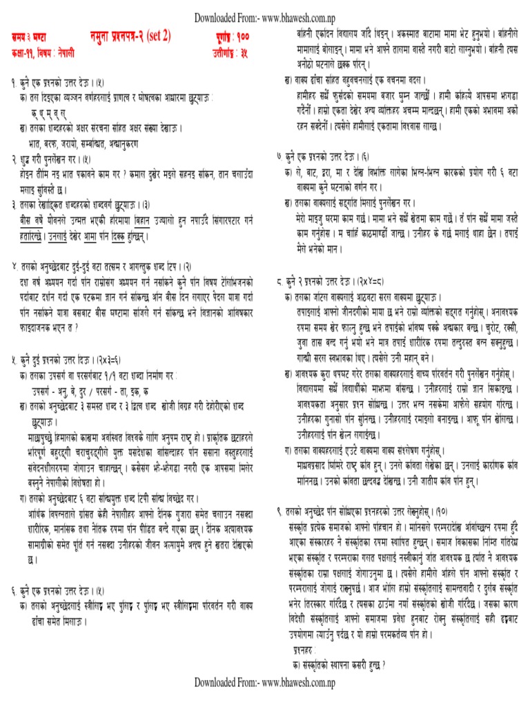 HSEB Nepali Model Question Class 11 Set 2 | PDF