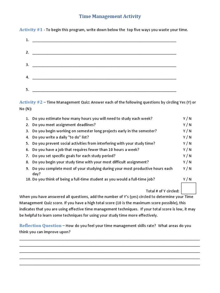Time Management Activity Sheet | Time Management | Cognitive Science