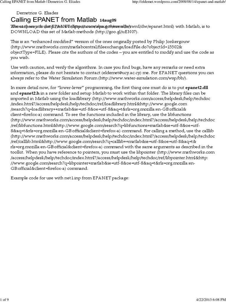 EPANET and Matlab Integration Guide | PDF | Library (Computing) | Data Type