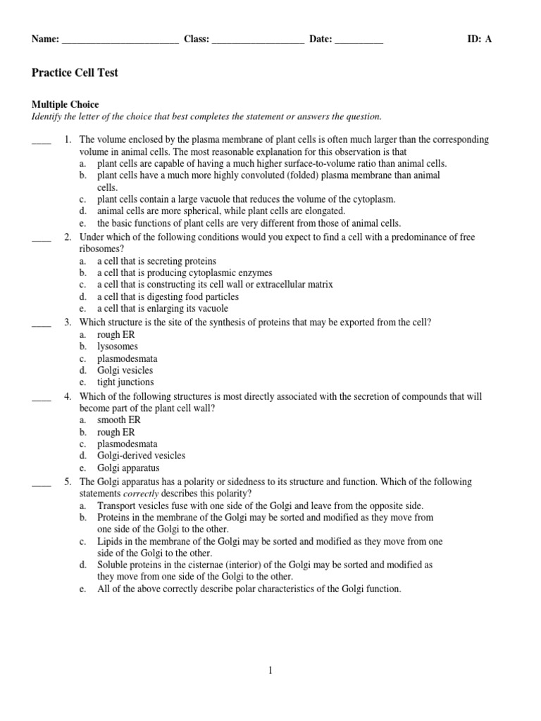 Cell Test Practice | PDF | Cell Membrane | Biological Membrane