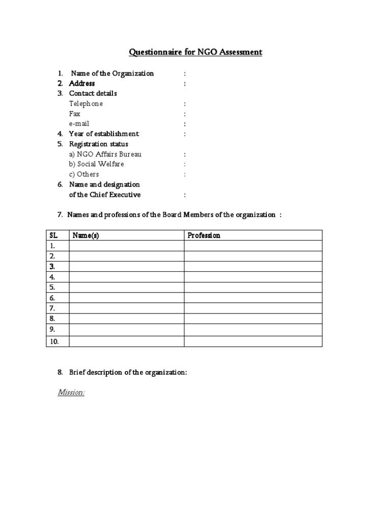 Questionnaire For NGO Assessment | PDF | Public Sphere | Government