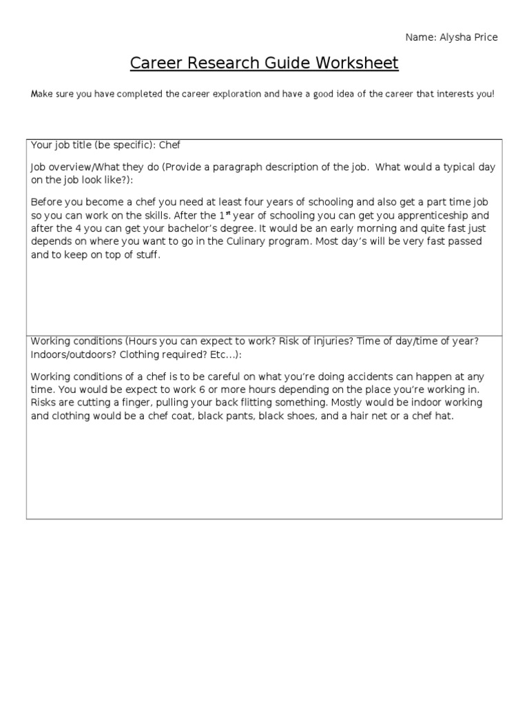 Career Research Guide Worksheet2013 Doc Alysha | PDF | Career & Growth