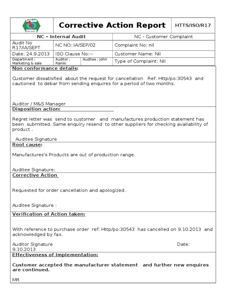 Corrective Action Report: Department: Marketing & Sale Auditor: Ramki ...