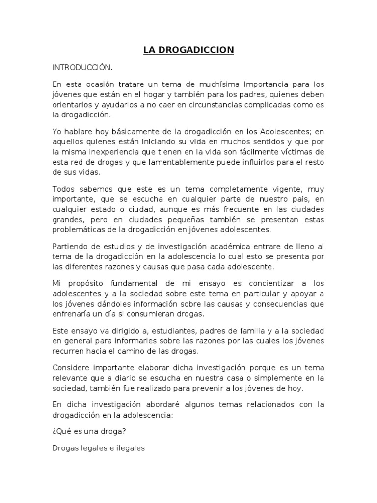 La Drogadiccion Ensayo | Adolescencia | Psicología