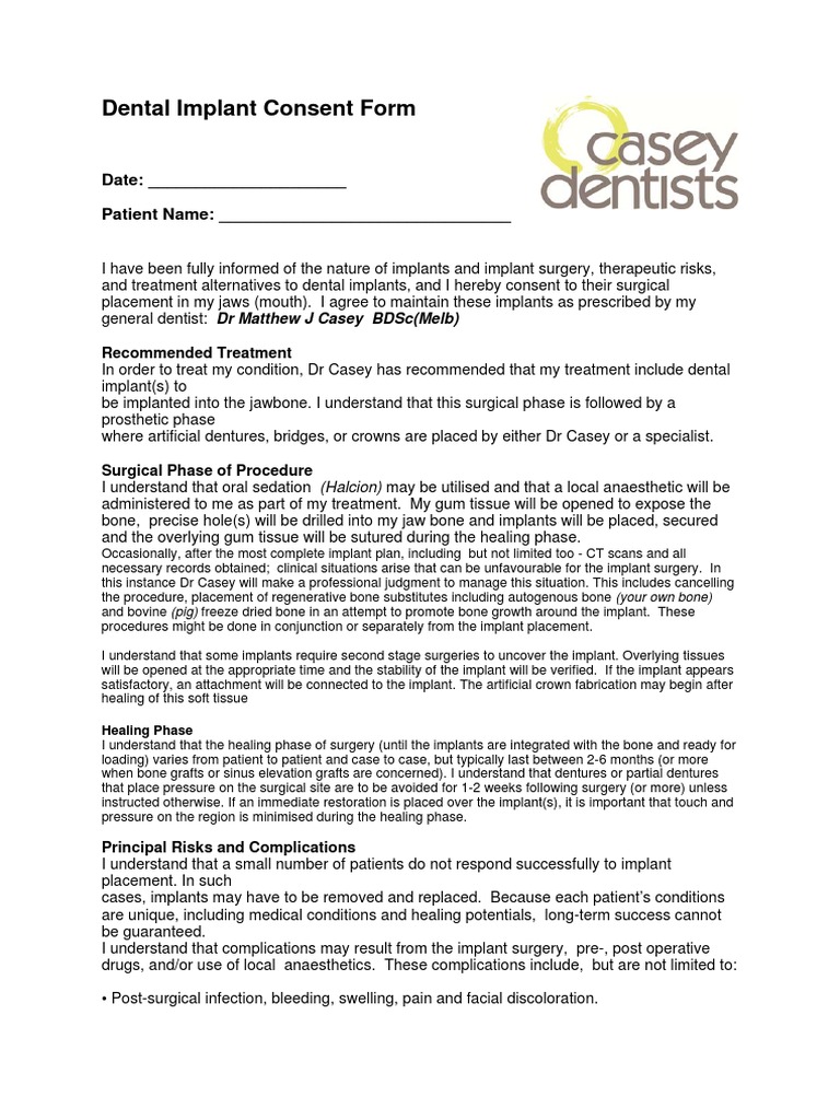 CD Dental Implant Consent Form PDF | PDF | Dental Implant | Surgery