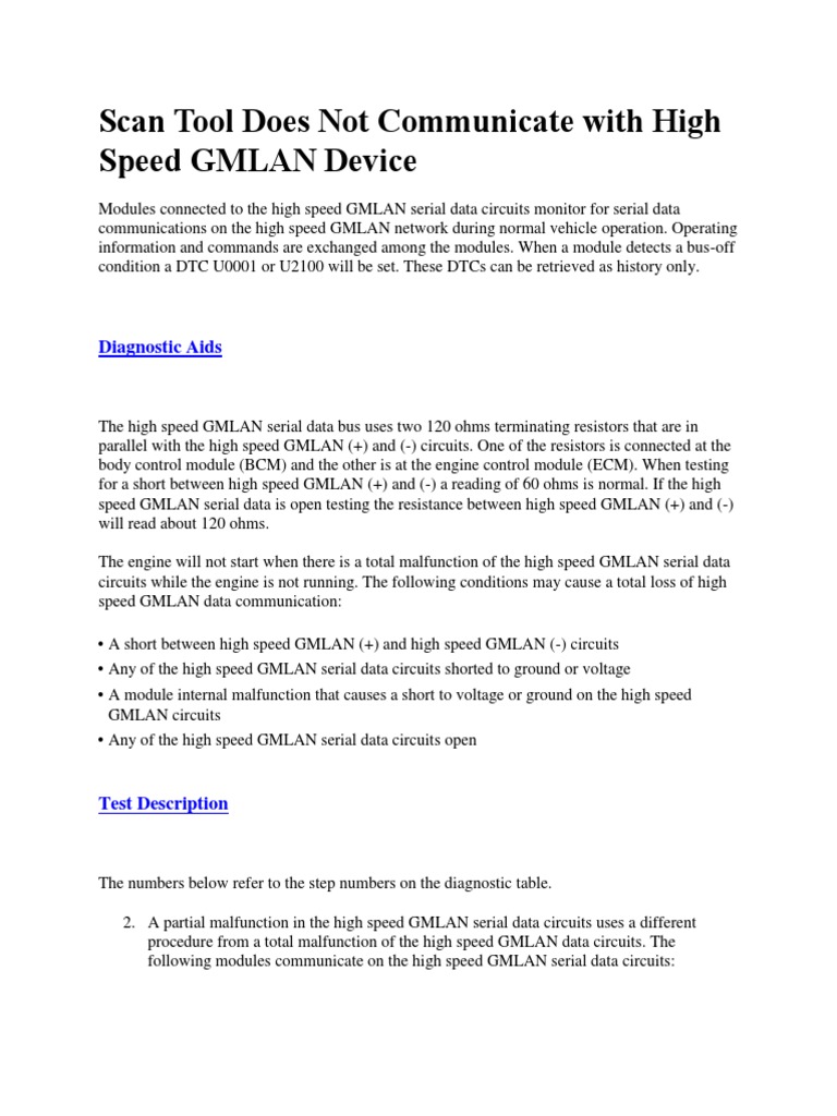 Scan Tool Does Not Communicate With High Speed GMLAN Device | Download ...