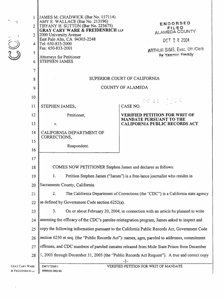 California Public Records Act Petition for Writ of Mandate. Stephen ...