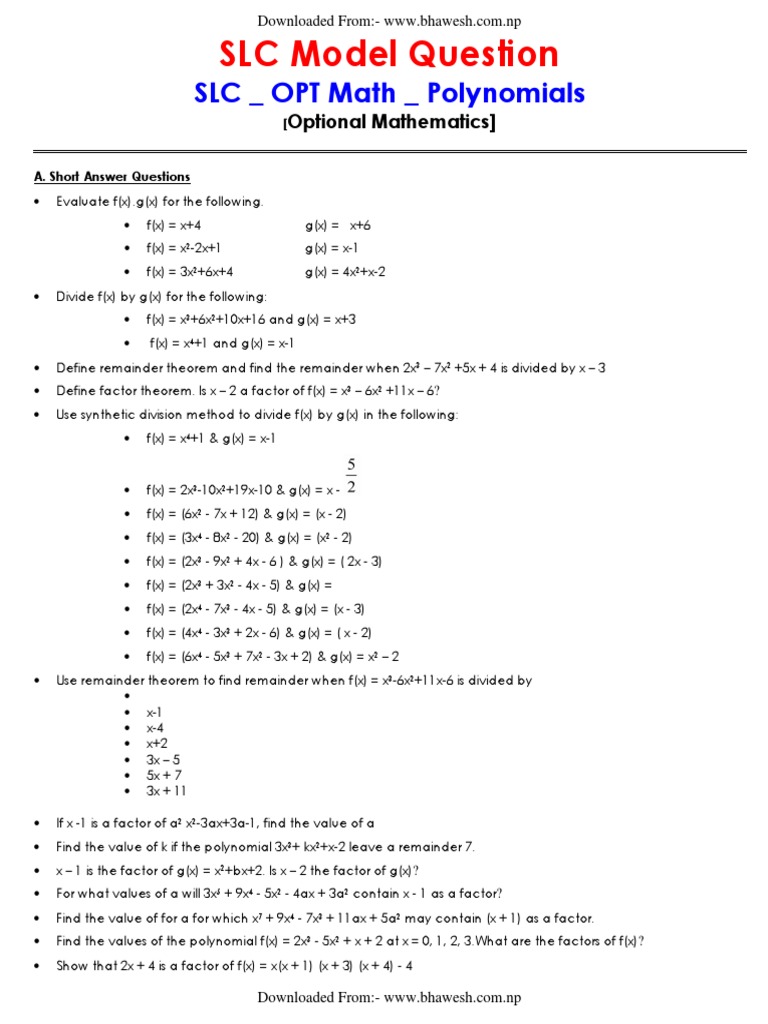 SLC - OPT Math - Polynomials | PDF | Polynomial | Factorization