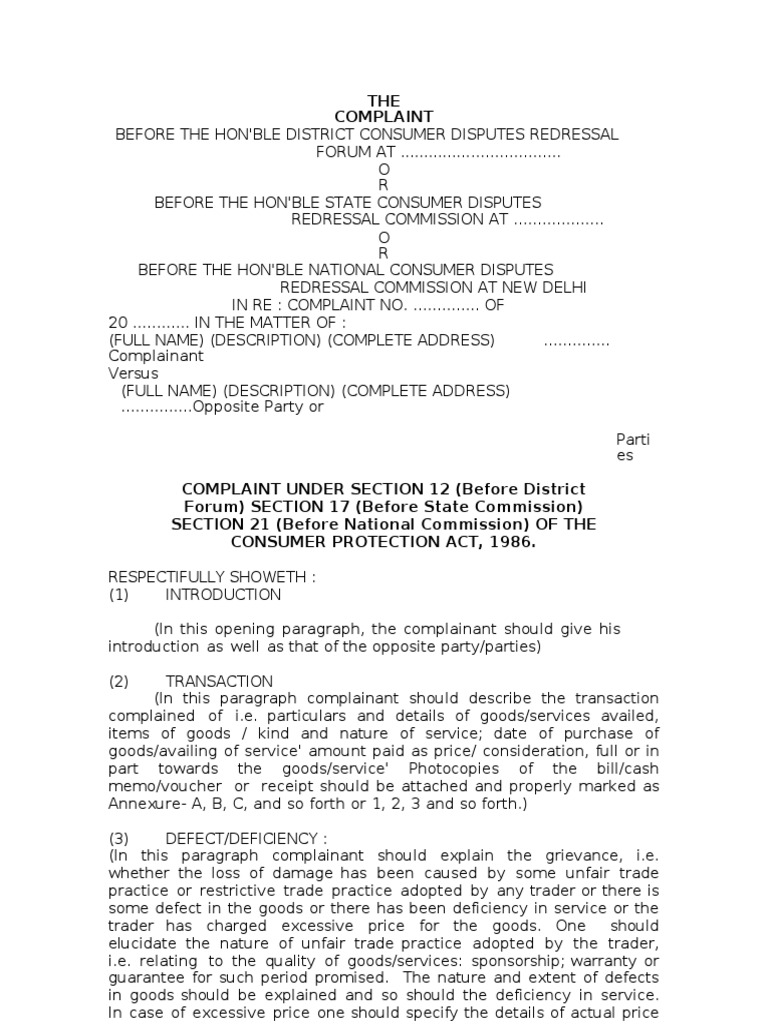 Consumer Complain Performa U/s 12