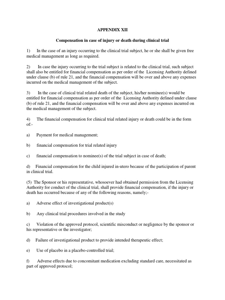 Appendix Xii Compensation in Case of Injury or Death During Clinical Trial | PDF | Clinical ...
