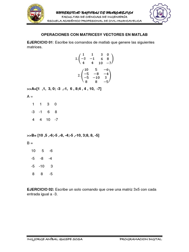 Operaciones Con Matricesy Vectores en Matlab | PDF | Matriz ...