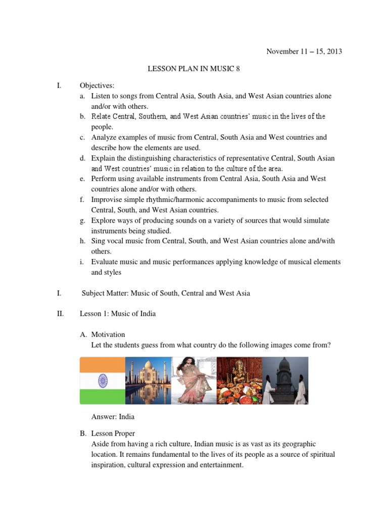 Lesson Plan in Music 8 - Indian Music | PDF | Musical Instruments | Sound