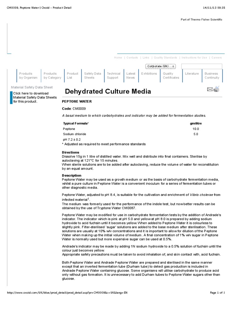 CM0009, Peptone Water - Oxoid - Product Detail | PDF | Shelf Life ...
