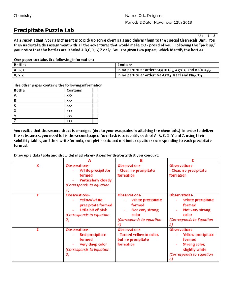 1314 Lab - Precipitate Puzzle | PDF | Precipitation (Chemistry ...