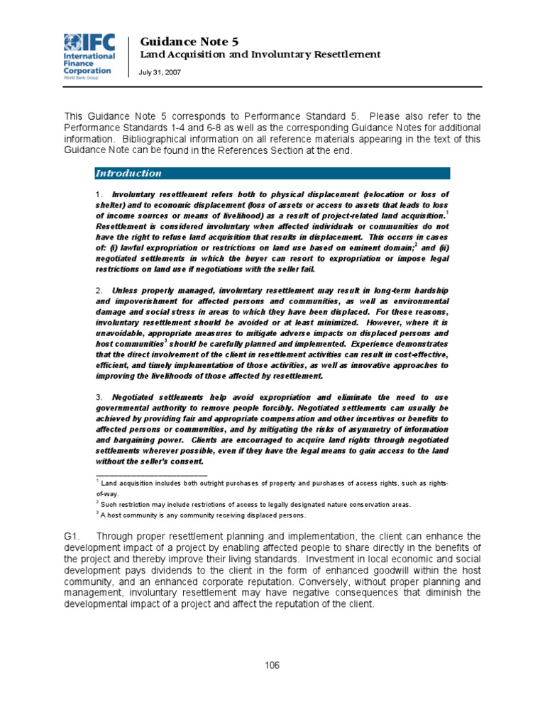 IFC's Guidance Note 5: Land Acquisition and Involuntary Resettlement | PDF | Eminent Domain ...