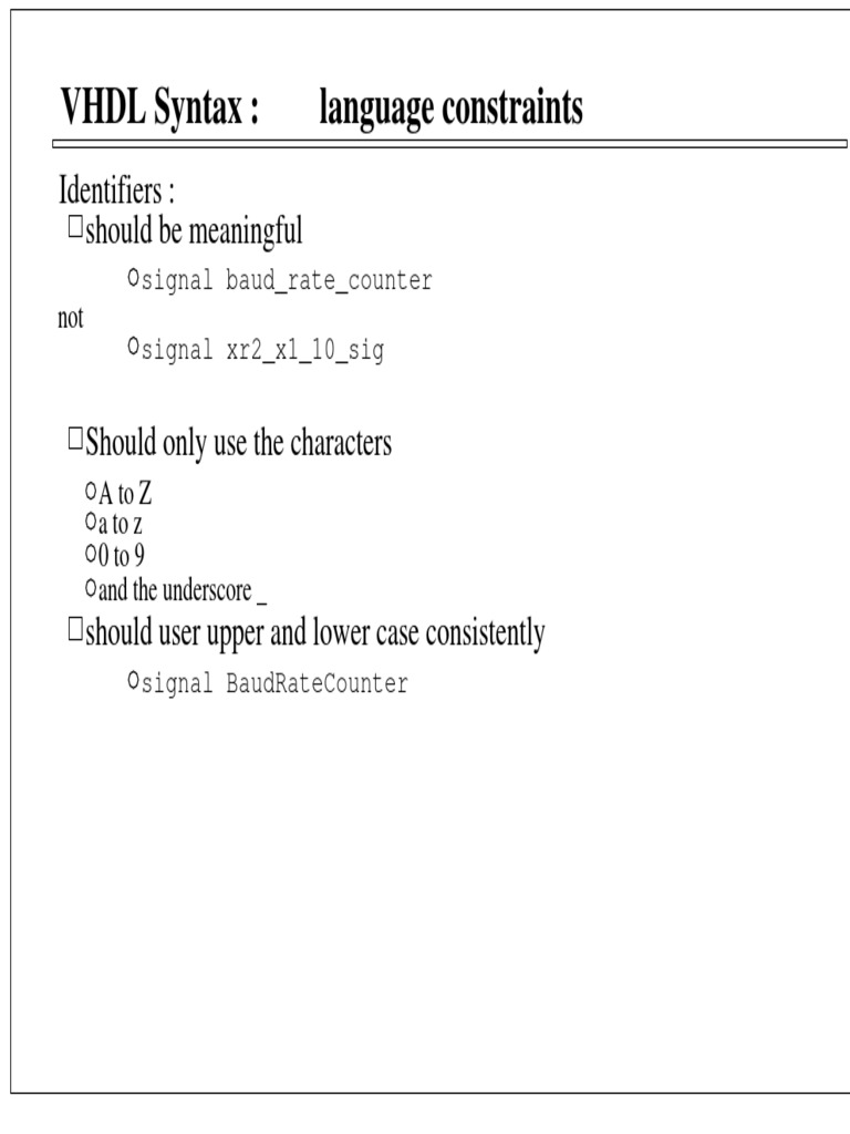 VHDL Syntax: Language Constraints: Identifiers: Should Be Meaningful | PDF