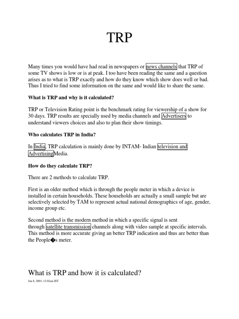 TRP | PDF | Audience Measurement | Nielsen Ratings