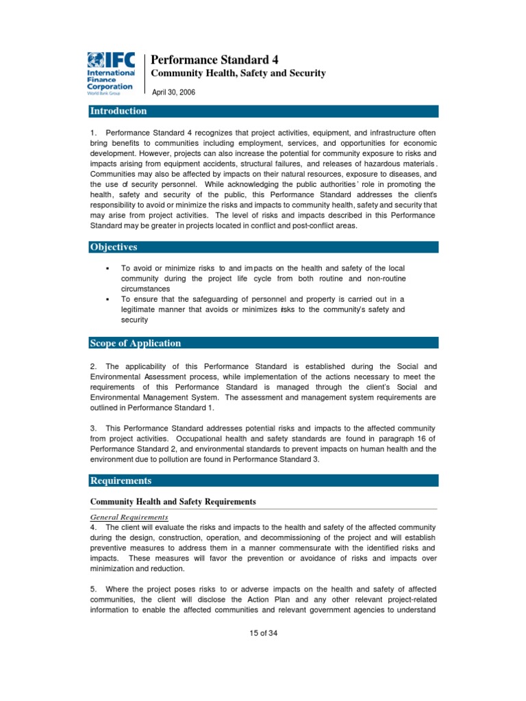IFC Performance Standard 4 Overview | PDF | Risk | Emergency