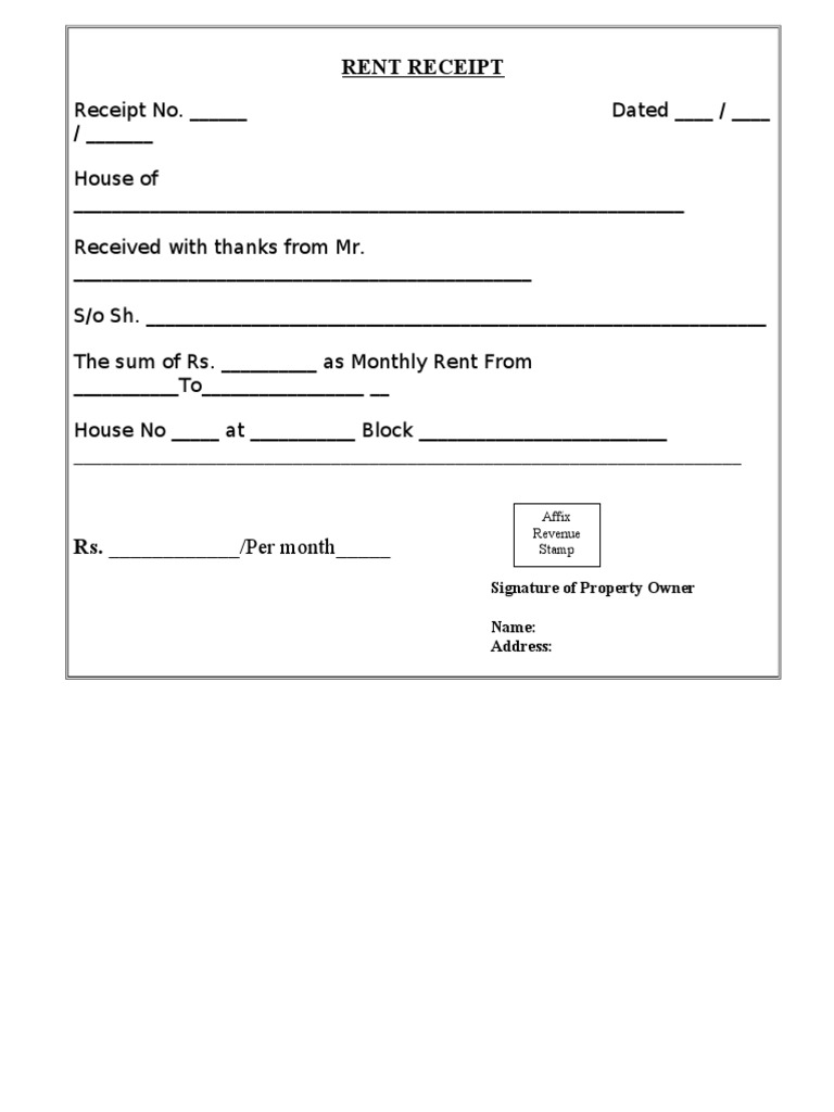 Rent Receipt: Signature of Property Owner Name: Address | PDF