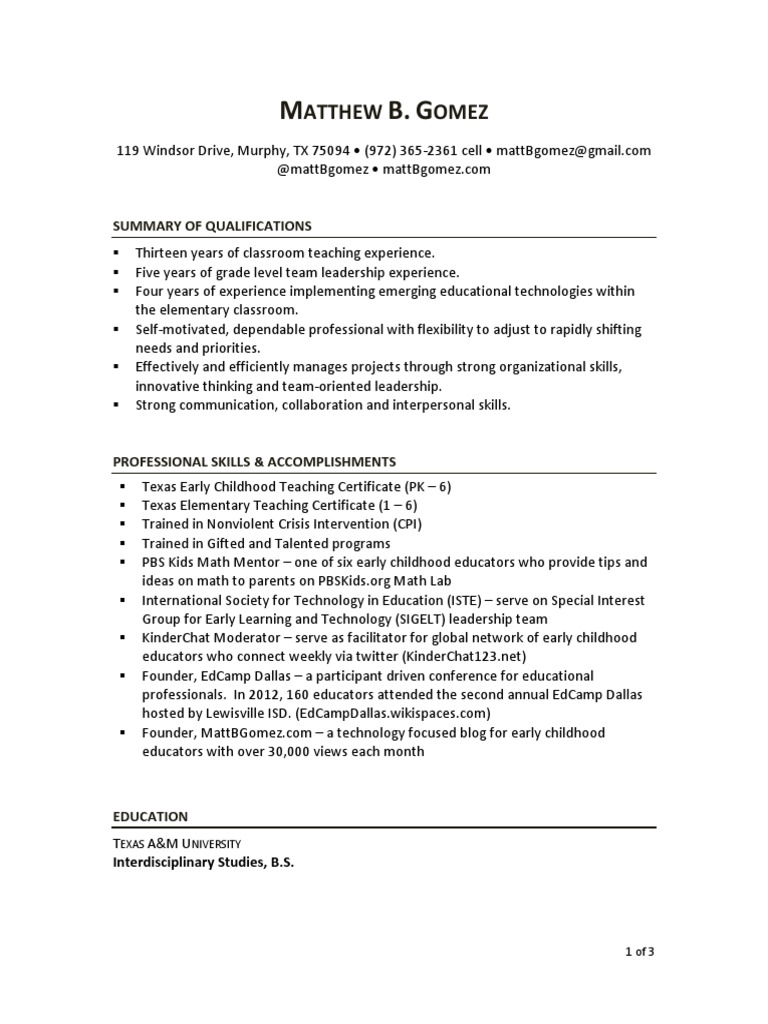 Matthew B. Gomez: Education Resume | PDF
