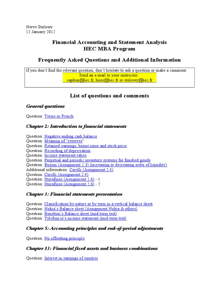 Financial Accounting and Statement Analysis HEC MBA Program Frequently ...
