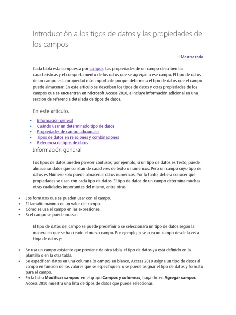 Introducción A Los Tipos de Datos y Las Propiedades de Los Campos | PDF | Tabla (base de datos ...