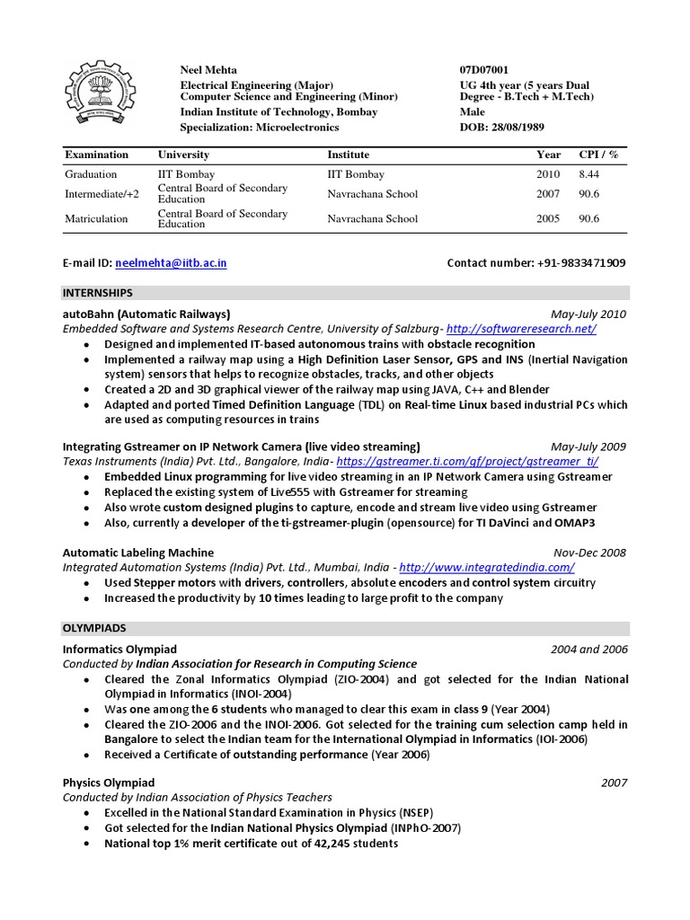 Neel Mehta IITB Resume | PDF | Embedded System | Computer Science