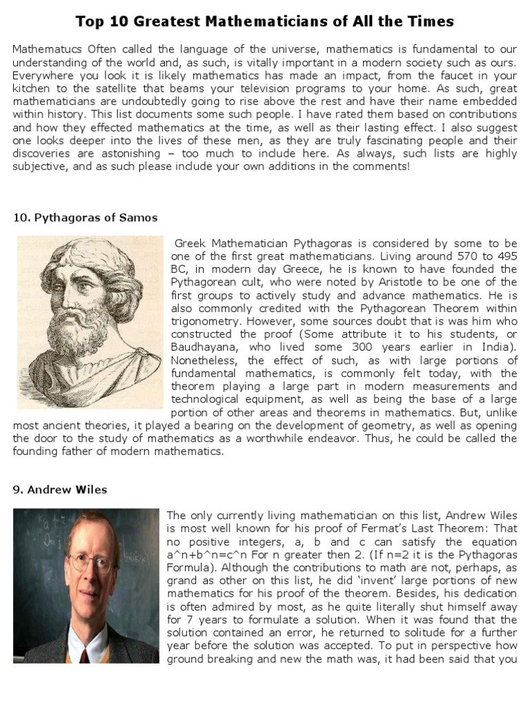 Top 10 Greatest Mathematicians | PDF | Leonhard Euler | Teaching ...