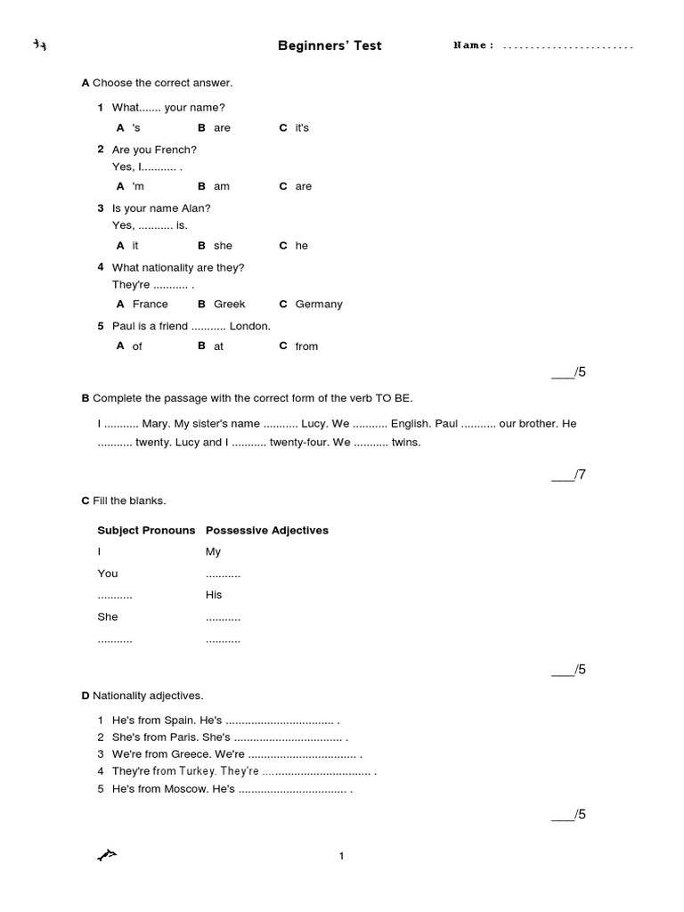 English Beginners Test 1 | PDF