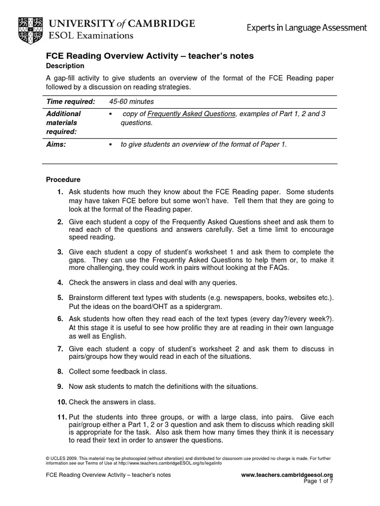 Fce Reading Overview Activity | PDF | Multiple Choice | Ellipsis