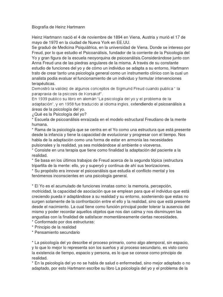 Biografía de Heinz Hartmann | PDF | Psicología del ego | Psicoanálisis