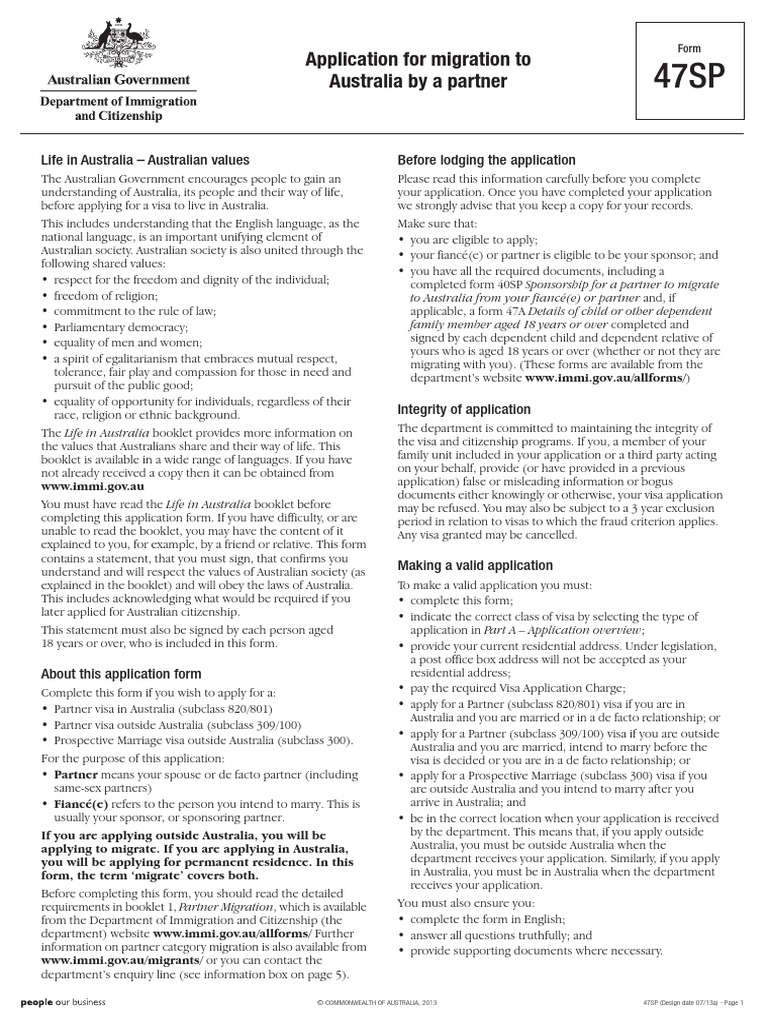 Form 47SP: Partner Visa Application | PDF | Travel Visa | Cheque