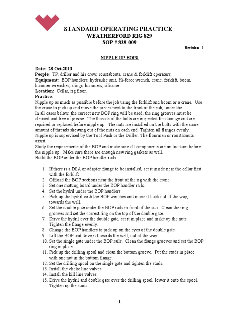 SOP 829-009 Nipple Up BOPs. | PDF | Gas Technologies | Mechanical Engineering