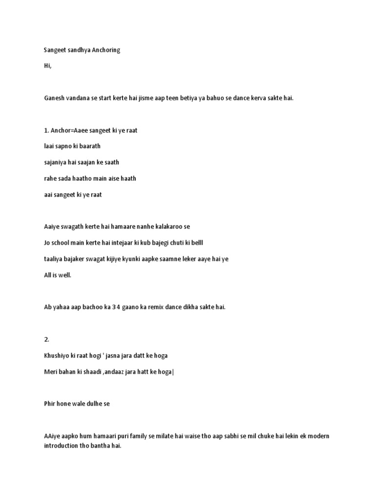 Sangeet Sandhya Anchoring | PDF