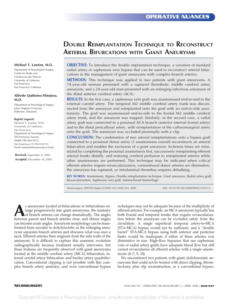 Double Reimplantation for Giant Aneurysms | PDF | Angiography | Common ...