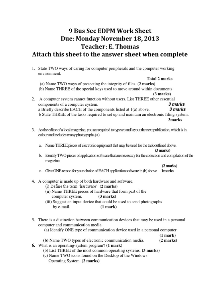 9 Bus Sec EDPM Work Sheet | PDF | Computers