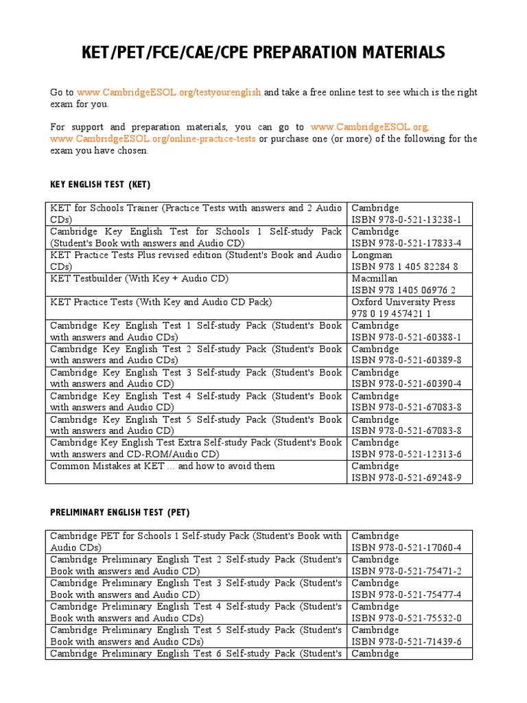 Ket/Pet/Fce/Cae/Cpe Preparation Materials: Key English Test (Ket ...