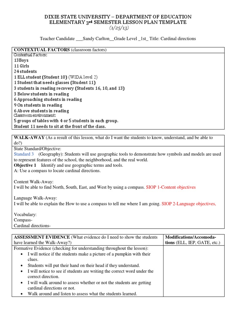 Cardinal Directions Lesson 1 | PDF | Educational Assessment | Lesson Plan