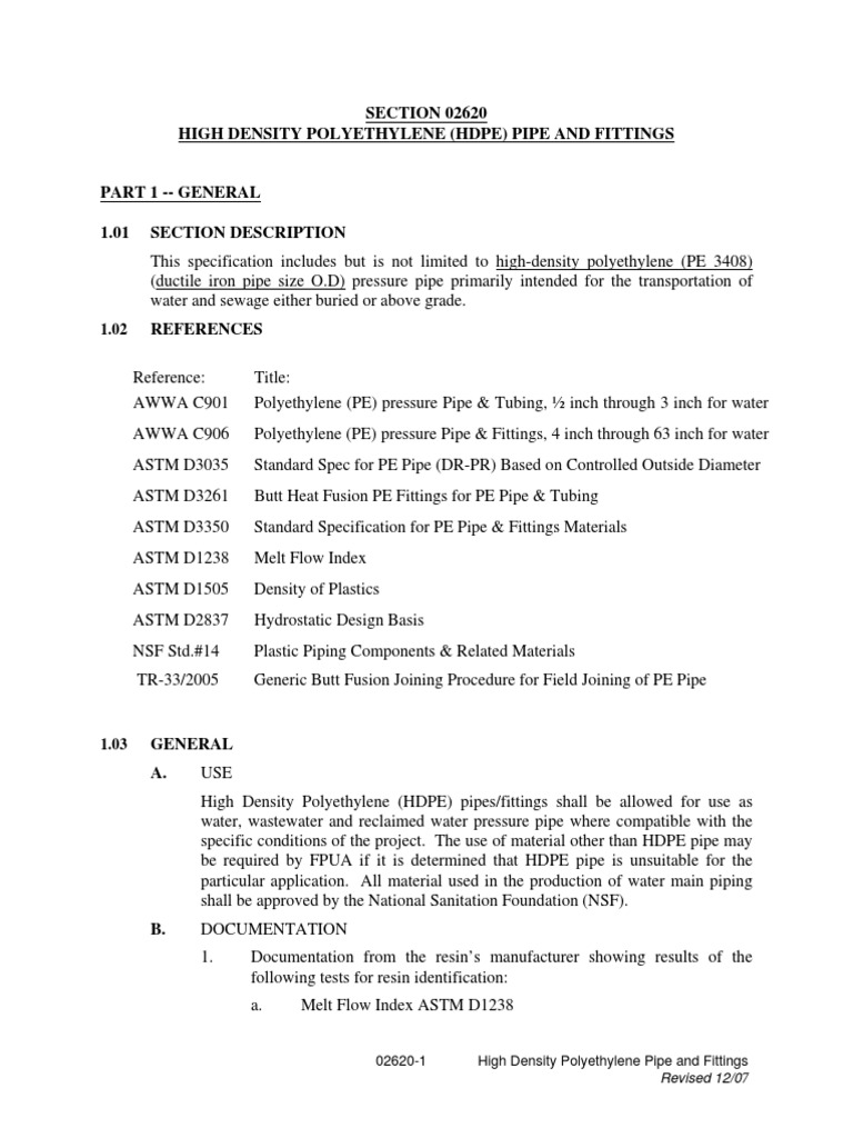 SECTION 02620 High Density Polyethylene (Hdpe) Pipe and Fittings | PDF ...