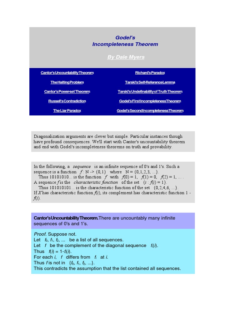 Godel's Incompleteness Theorem: by Dale Myers | PDF | Axiom | Mathematical Proof