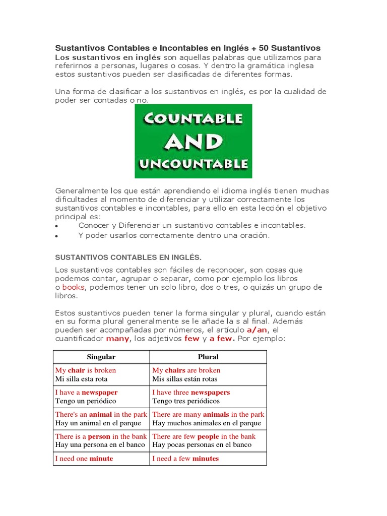 Sustantivos Contables e Incontables en Inglés