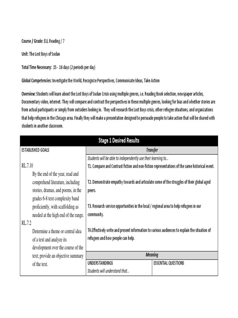 ELL Reading Unit: Lost Boys of Sudan | PDF | Reading Comprehension ...