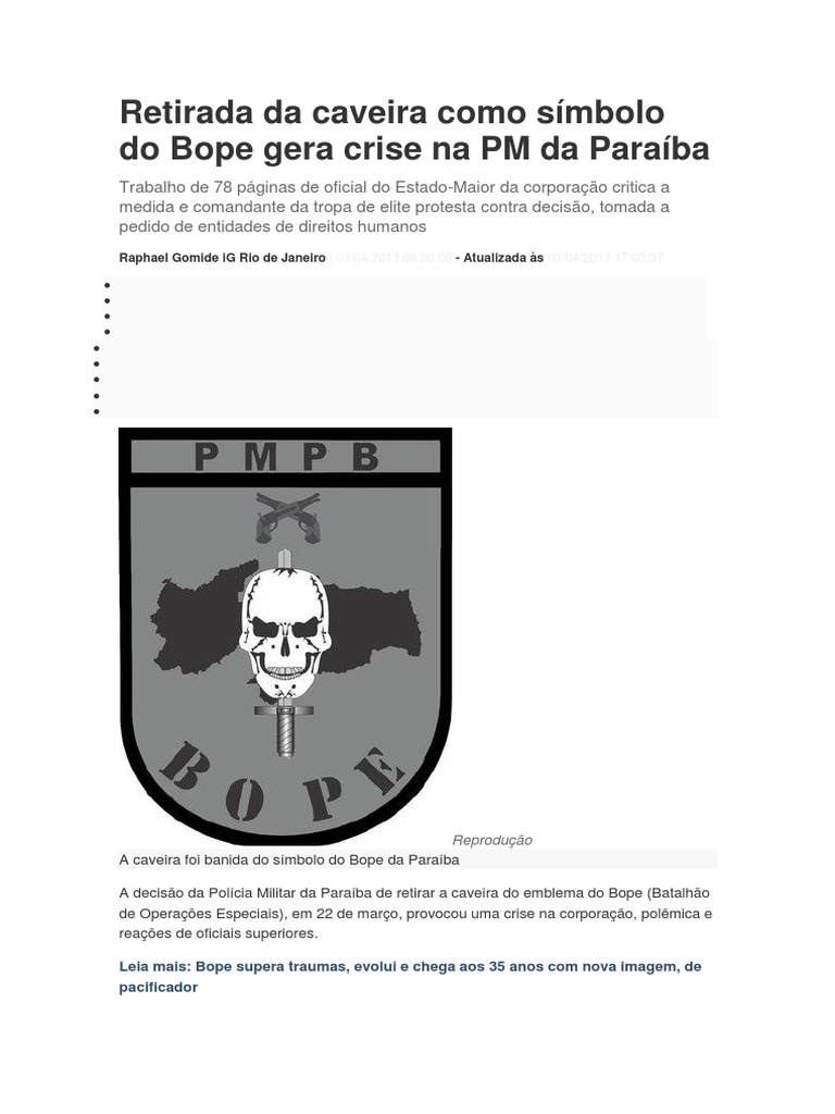Retirada da caveira como símbolo do Bope gera crise na PM da Paraíba ...