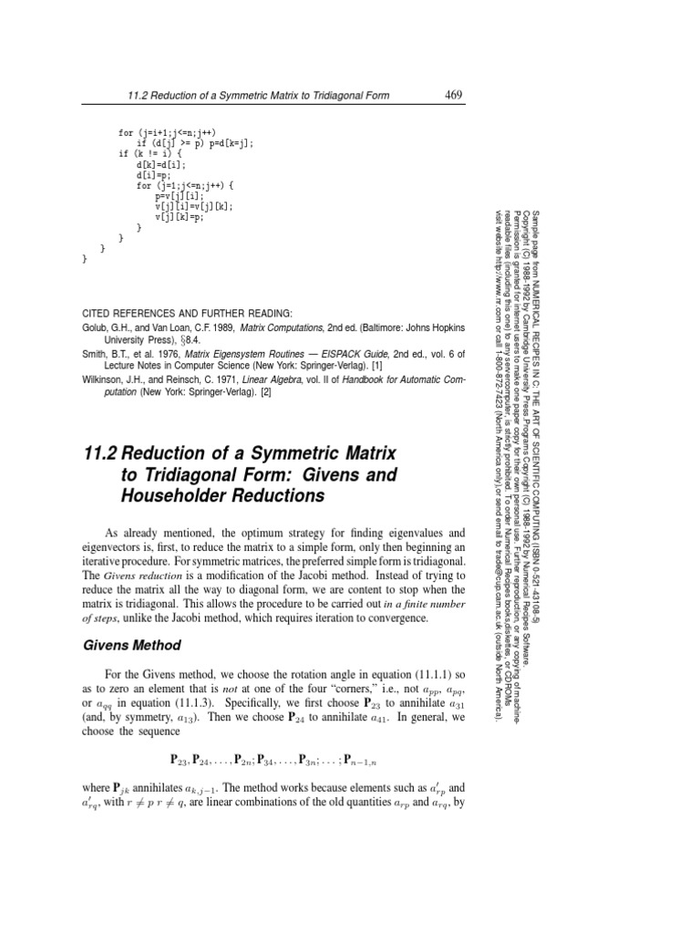 Reduction Of A Symmetric Matrix To Tridiagonal Form Givens And Householder Reductions Pdf